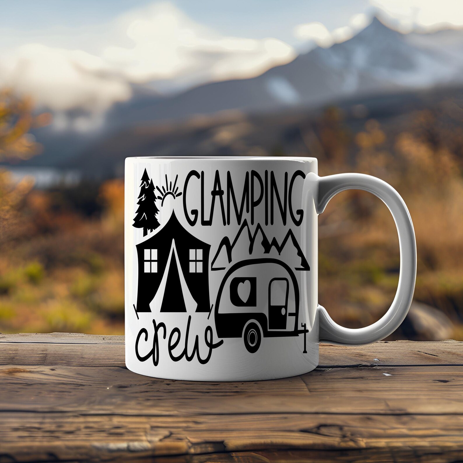 Glamping Crew Mug – Camper Trailer & Tent Coffee Cup With Pine Trees ...