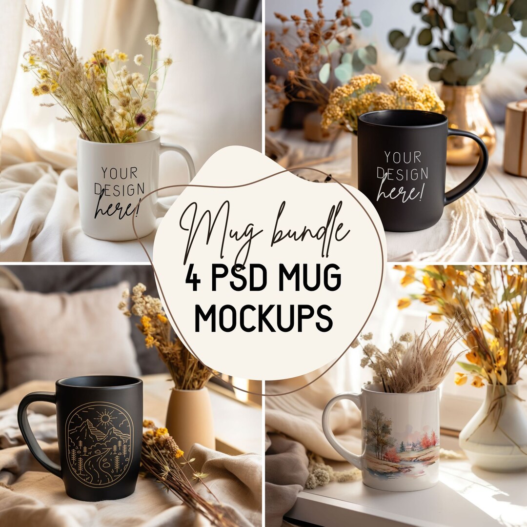 Mug Bundle Mockup Set of 4 Fall Coffee Cup Mockups, Autumn Boho Mock up ...