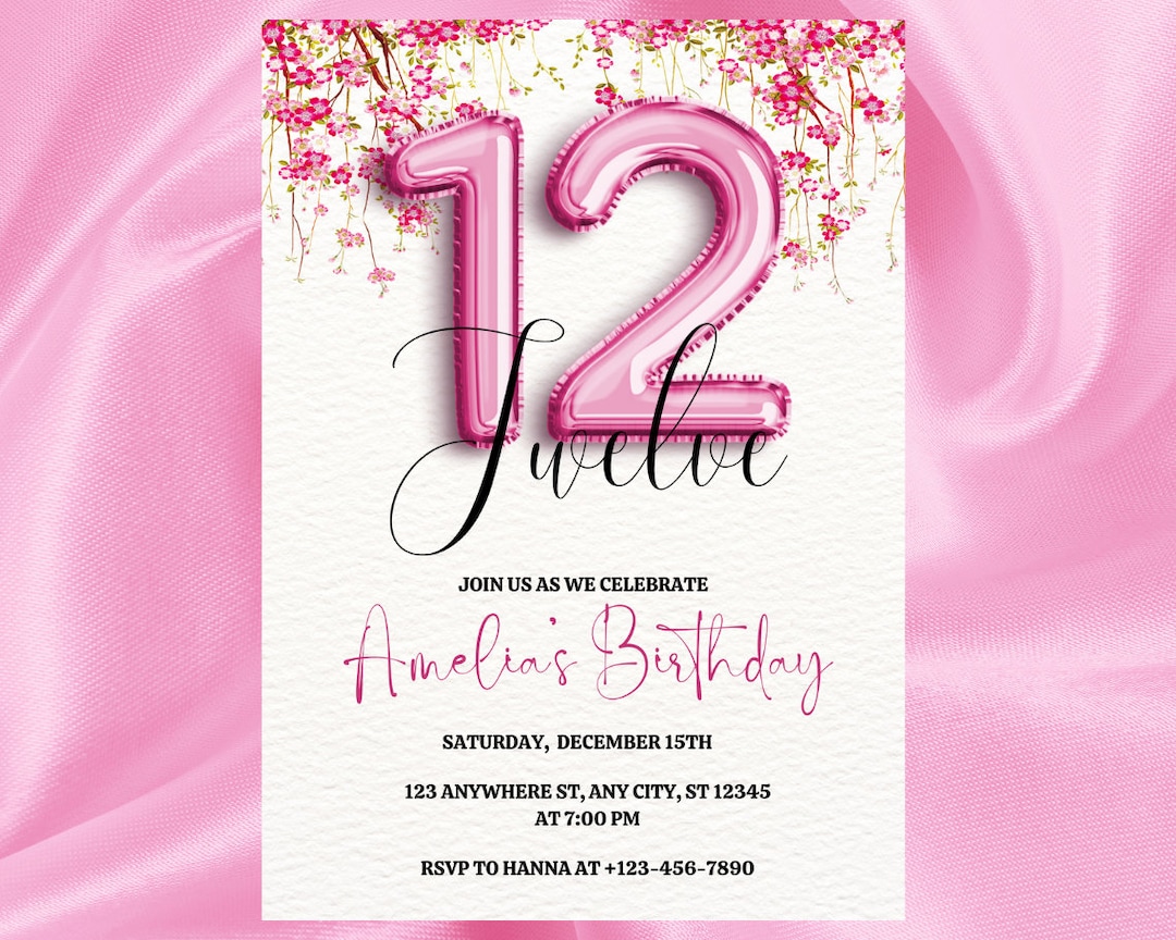 Pink 12th Birthday Invitation Printable Instant Download Editable ...