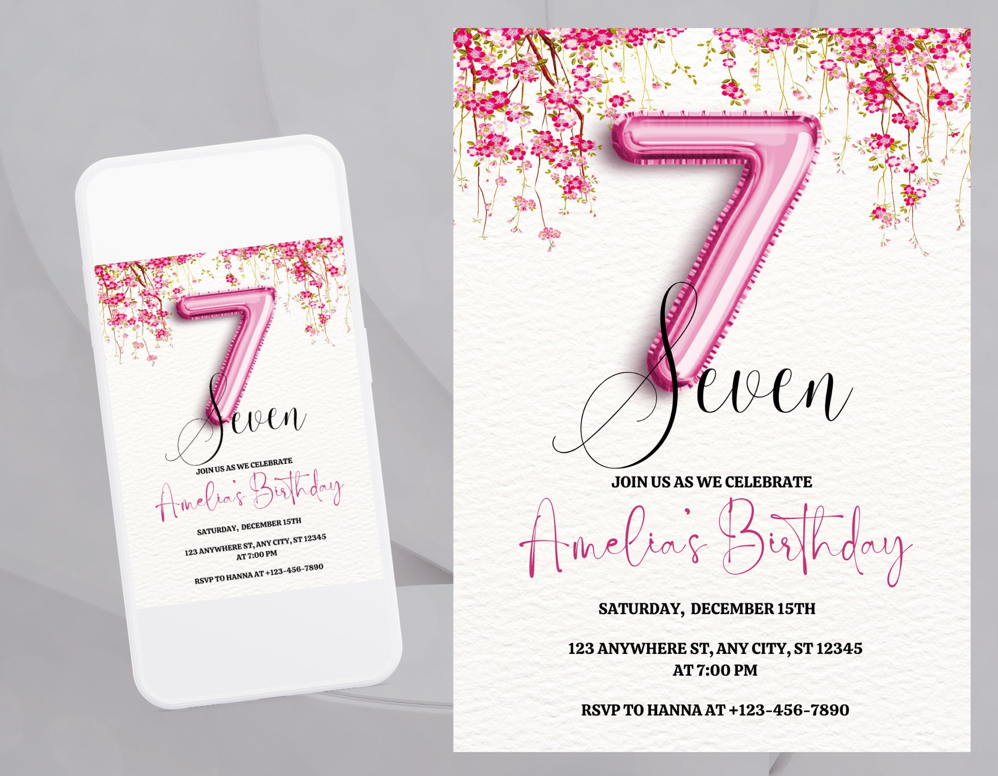 Pink 7th Birthday Invitation Printable Instant Download Editable ...