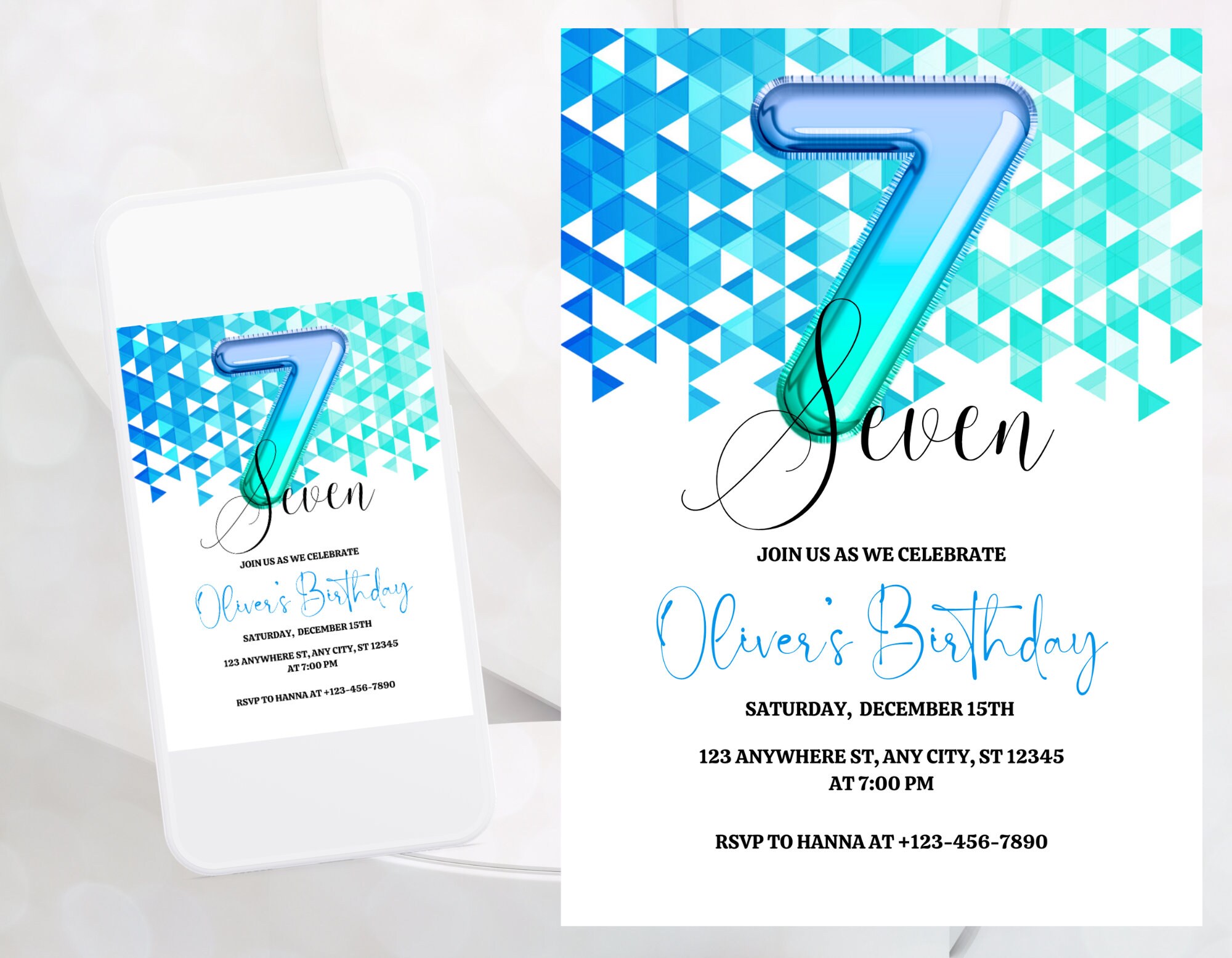 Blue Green 7th Birthday Invitation Printable Instant Download Editable ...