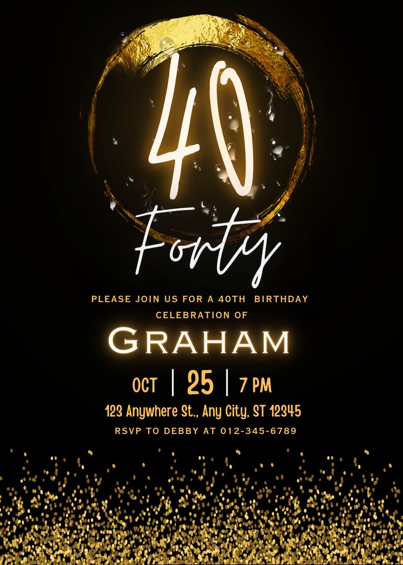Black Gold Neon 40th Birthday Invitation for His Birthday Invitation ...