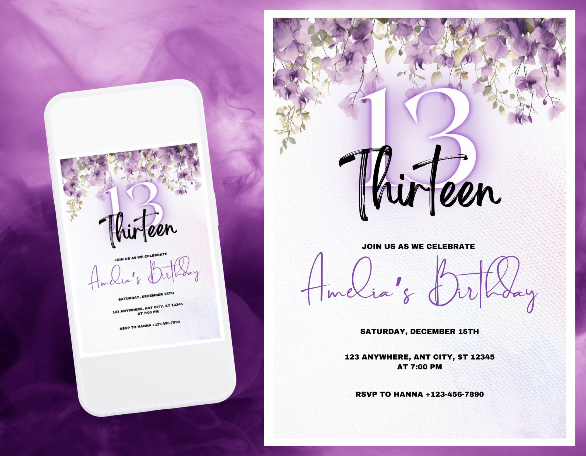 Purple 13th Birthday Invitation Printable Instant Download Editable ...