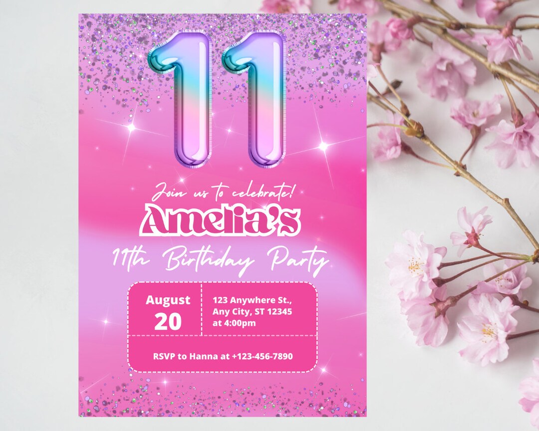 Editable Pink Glitter 11th Birthday Invitation Template Rainbow Foil ...