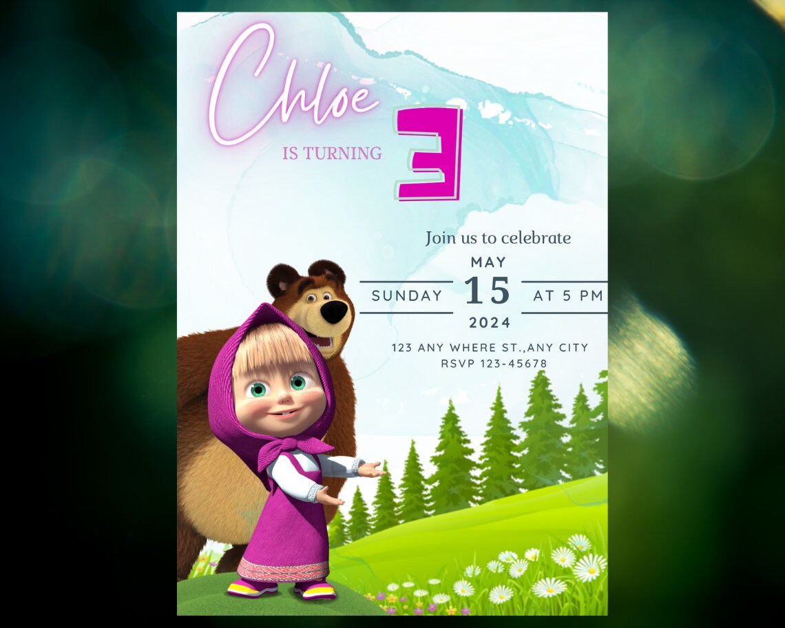 Masha and Bear 3rd Birthday Invitation Printable Instant Download ...