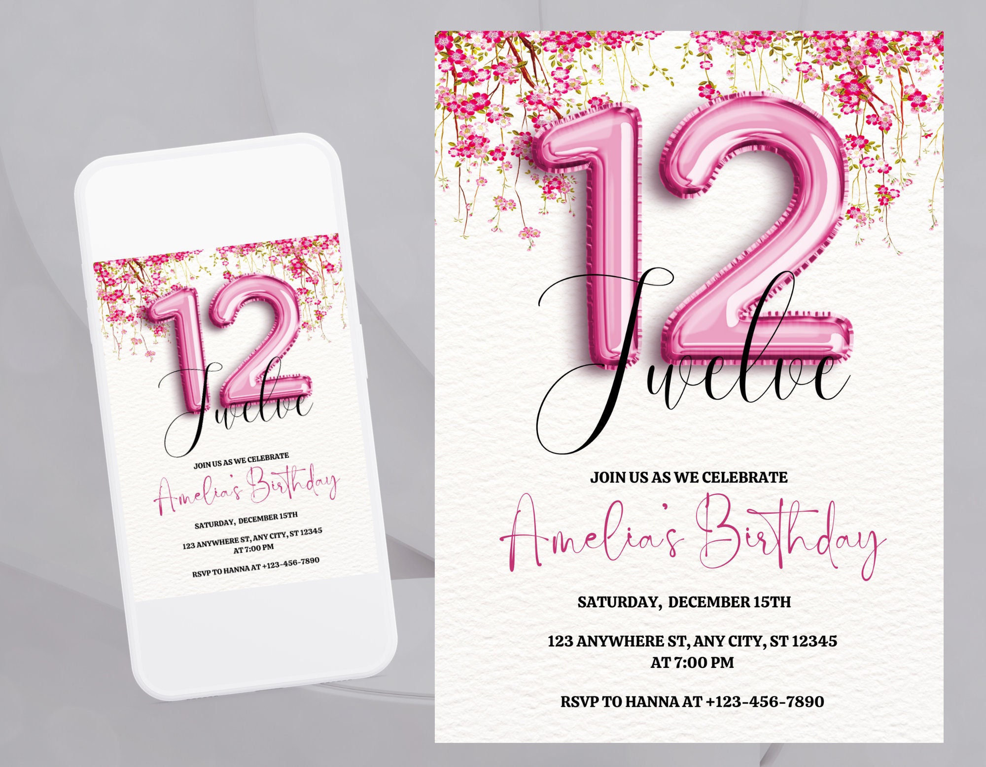 Pink 12th Birthday Invitation Printable Instant Download Editable ...