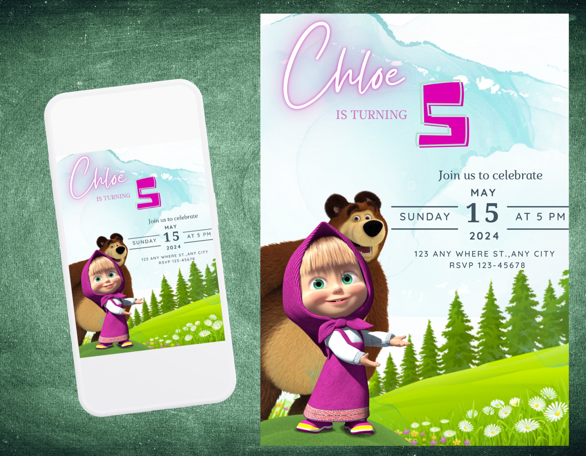 Masha and Bear 5th Birthday Invitation Printable Instant Download ...