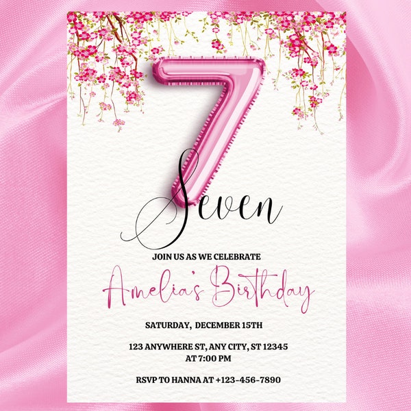 Flower 7th Birthday Invitation - Etsy