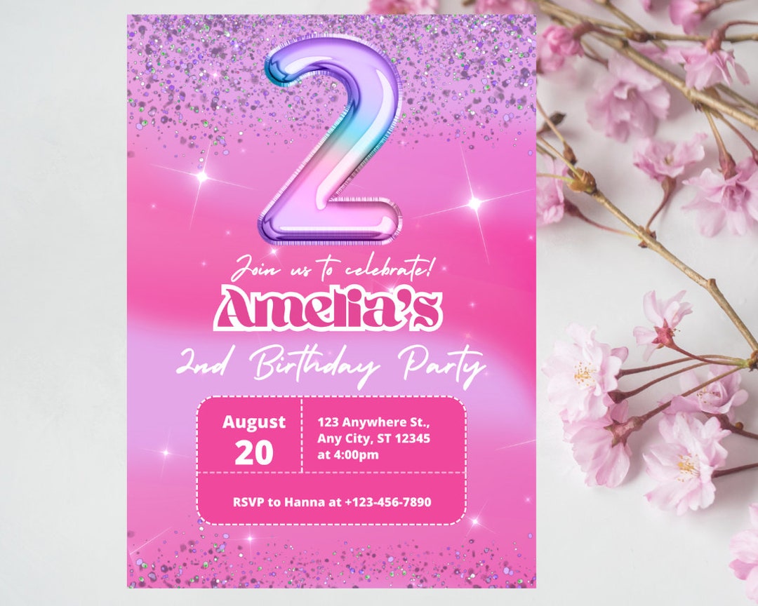 Editable Pink Glitter 2nd Birthday Invitation Template Rainbow - Etsy