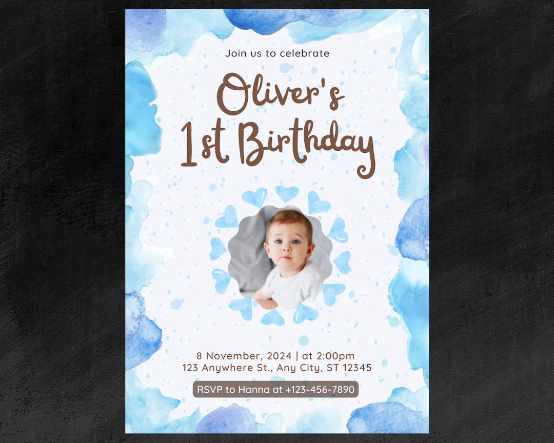 Blue Watercolor Cute 1st Birthday Invitation, EDITABLE Invitation ...