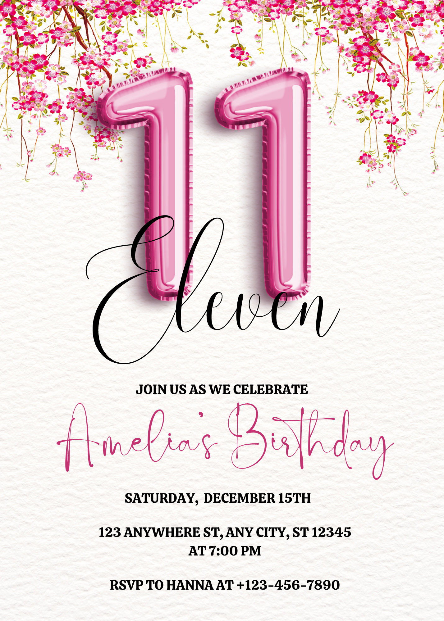 Pink 11th Birthday Invitation Printable Instant Download Editable ...