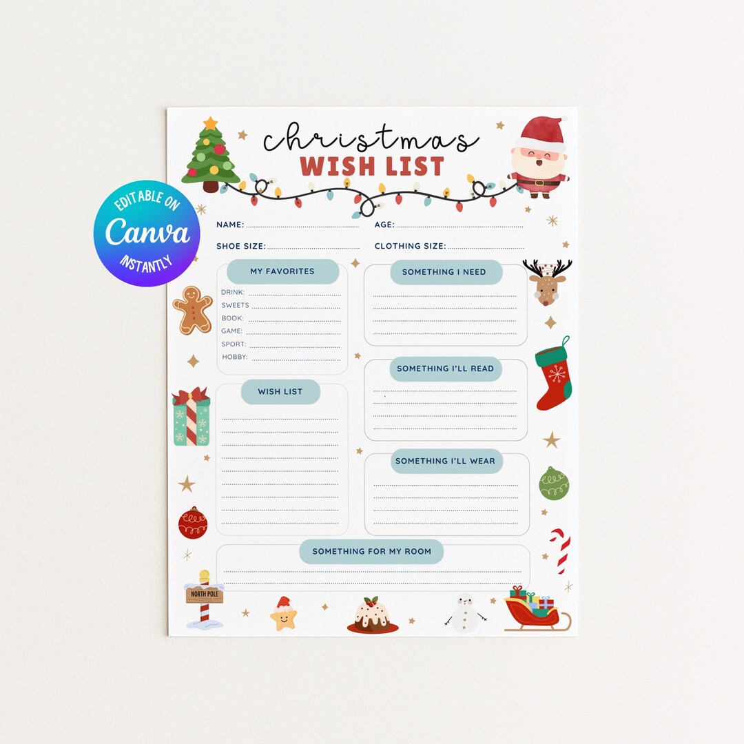 Kids Christmas Wish List, Printable Gift Wish List, Children's Xmas ...