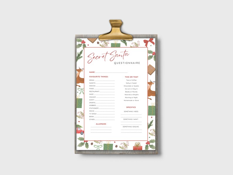 Printable Secret Santa Gift Exchange Questionnaire, Office Gift ...