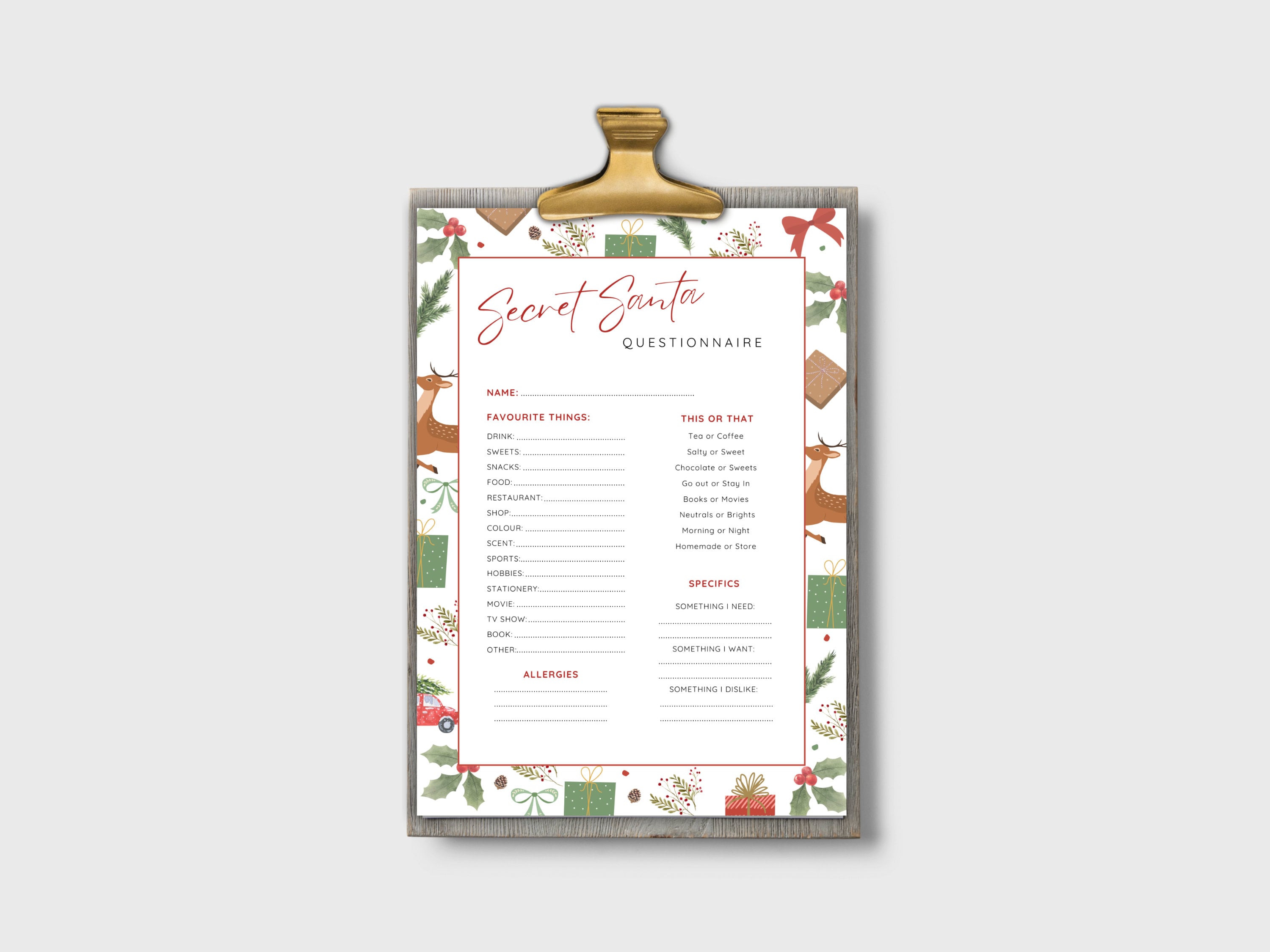 Printable Secret Santa Gift Exchange Questionnaire, Office Gift ...