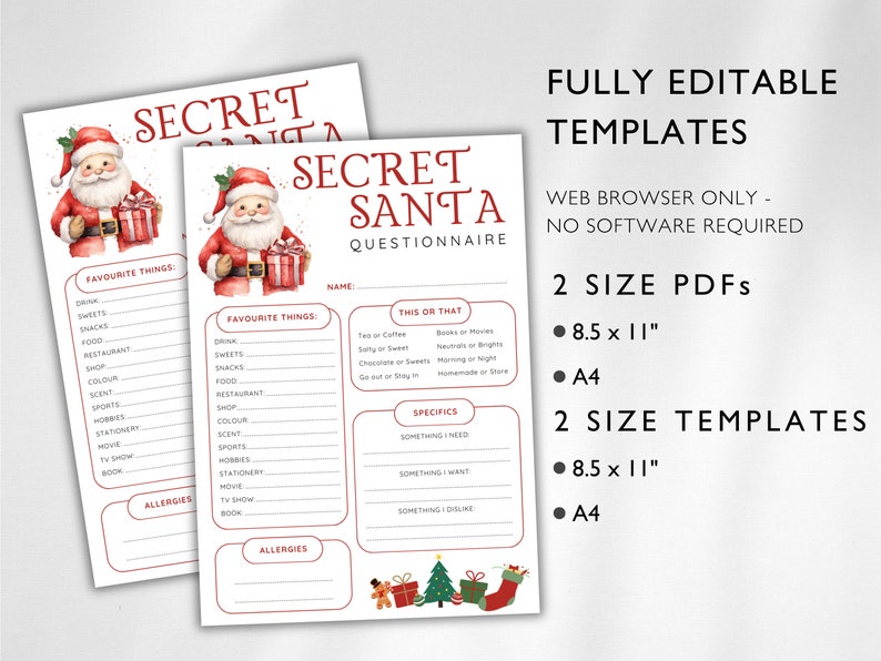 Office Gift Exchange Survey Form, Secret Santa Questionnaire for ...