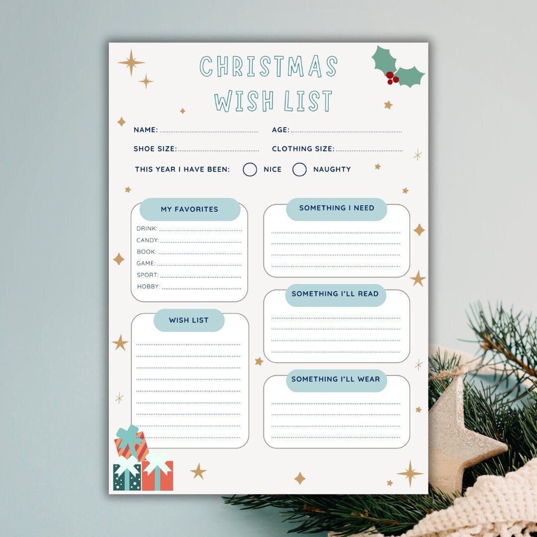 Kids Christmas Wish List, Printable Gift Wish List, Children's X-mas ...