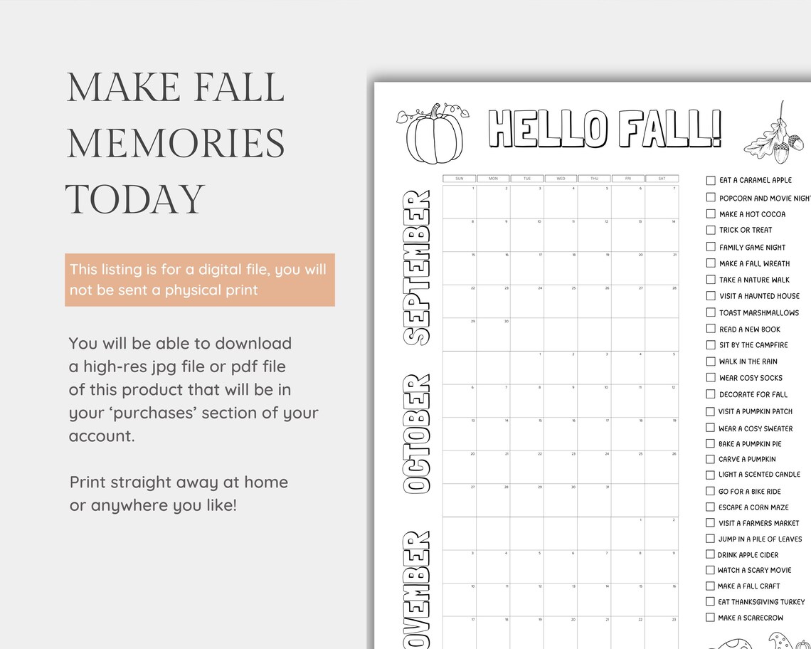 Printable Fall Calendar Poster, Fall Bucket List Poster, Fall ...