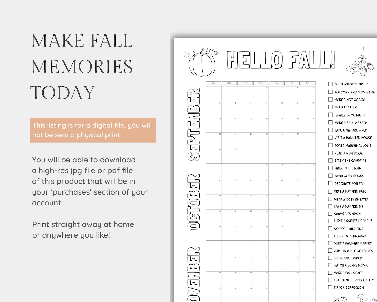 Printable Fall Calendar Poster, Fall Bucket List Poster, Fall ...