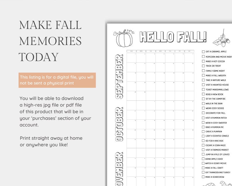 Printable Fall Calendar Poster, Fall Bucket List Poster, Fall ...