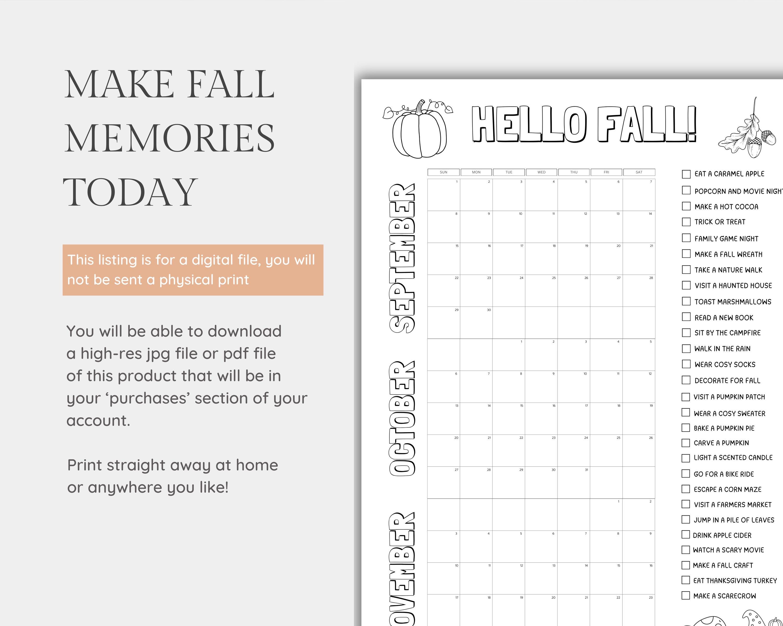 Printable Fall Calendar Poster, Fall Bucket List Poster, Fall ...