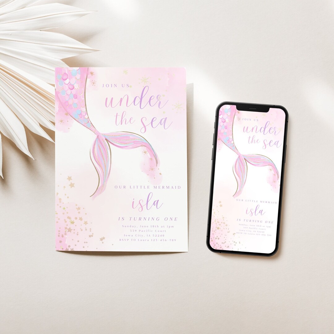 Editable Under the Sea Purple Teal Little Mermaid Birthday Invitation ...