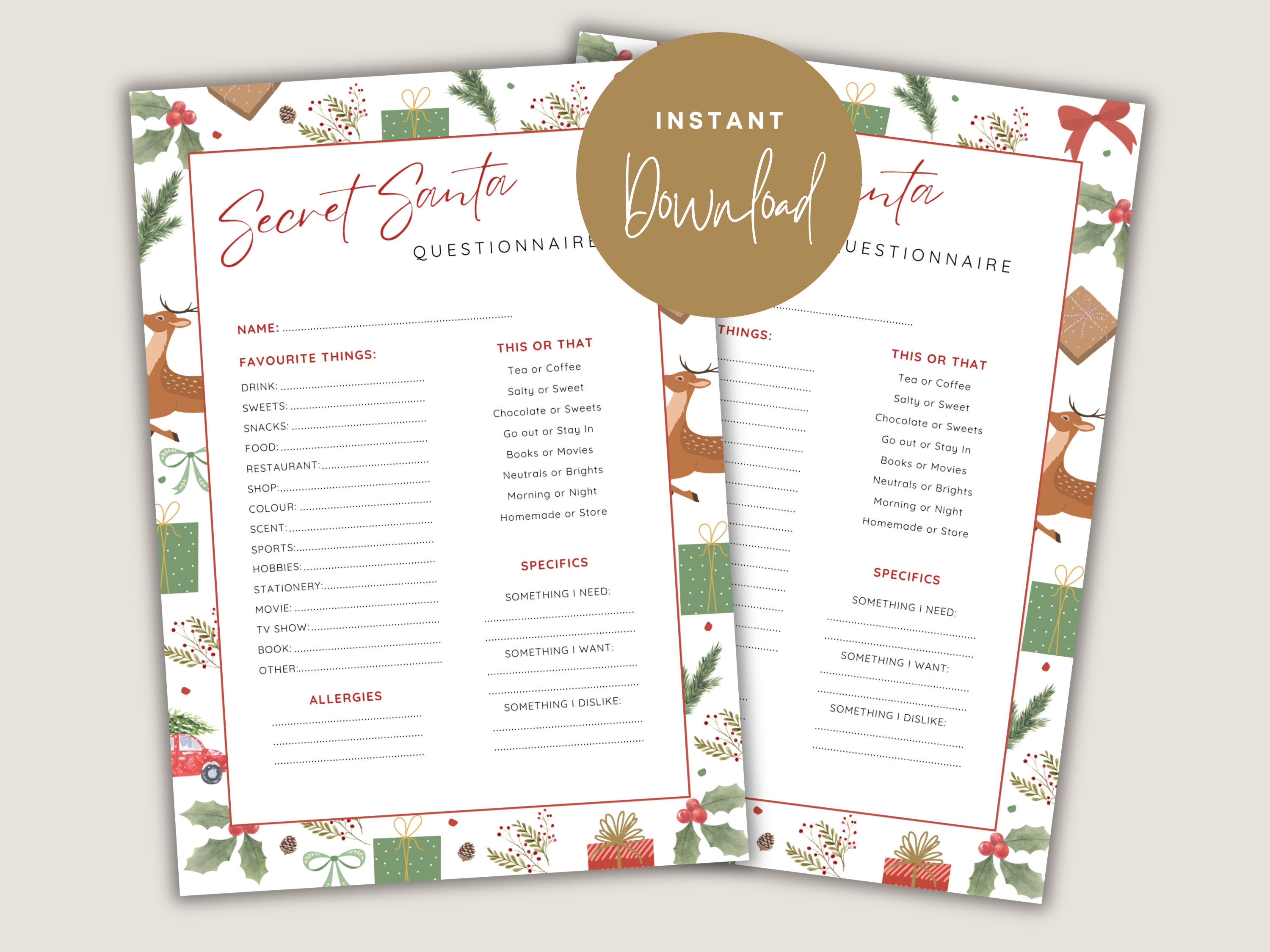 Printable Secret Santa Gift Exchange Questionnaire, Office Gift ...
