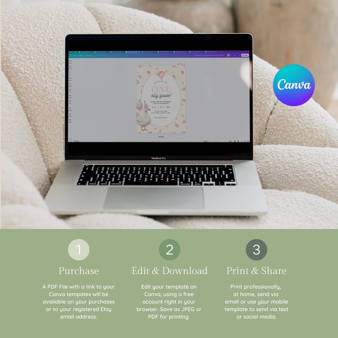 One Silly Goose Birthday Invitation Template, Editable Girl 1st ...