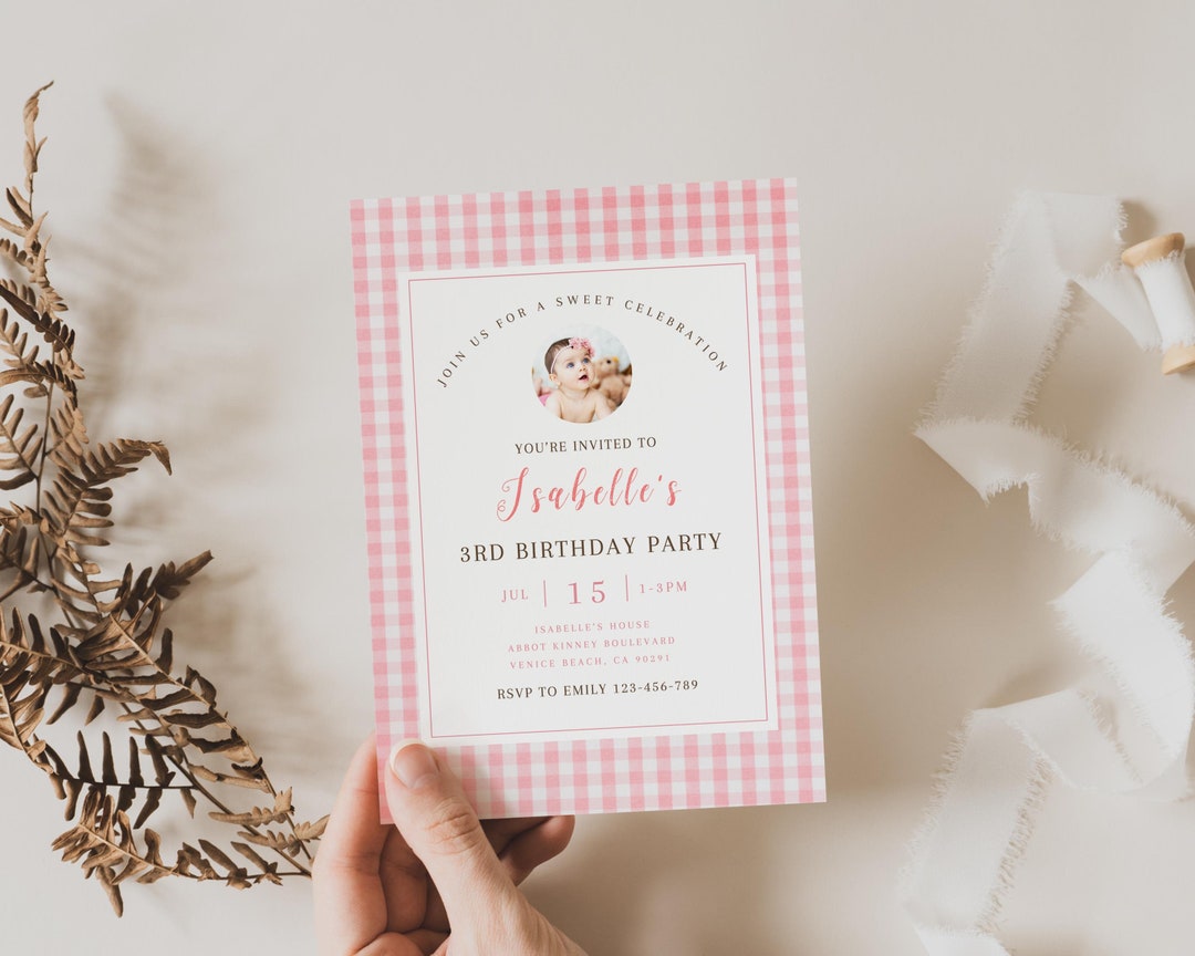 Pink Gingham Birthday Invitation With Photo, Pink Gingham Digital ...