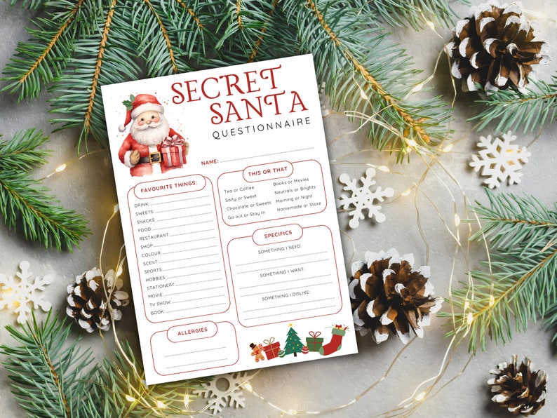 Office Gift Exchange Survey Form, Secret Santa Questionnaire for ...
