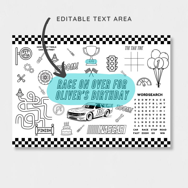 Editable Race Car Activity & Coloring Page, Two Fast Racing Party ...