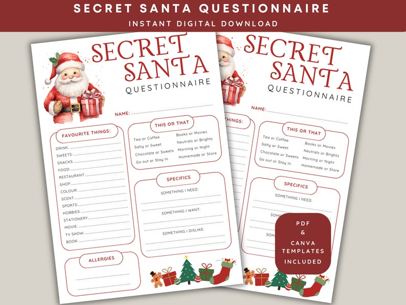 Office Gift Exchange Survey Form, Secret Santa Questionnaire for ...
