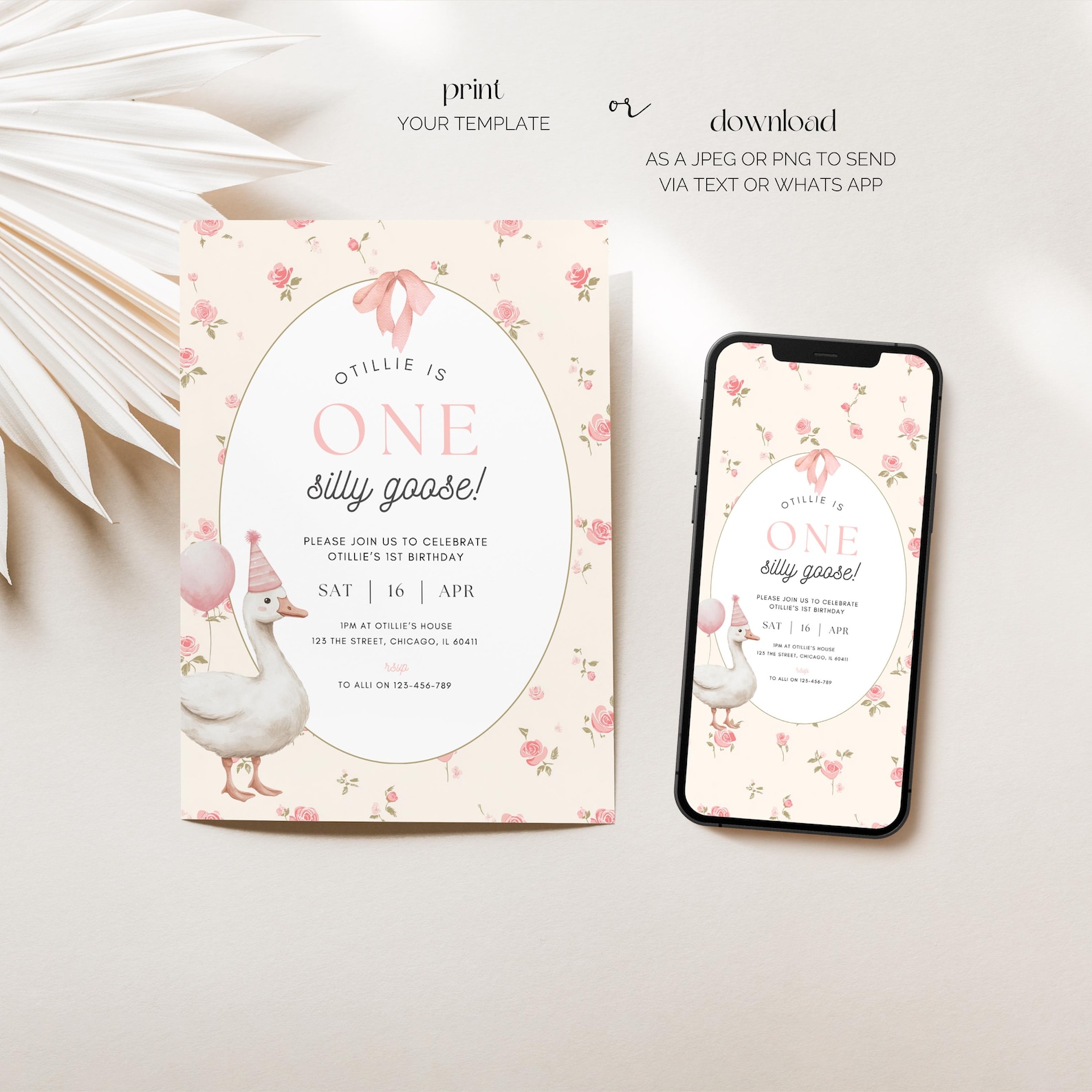 One Silly Goose Birthday Invitation Template, Editable Girl 1st ...