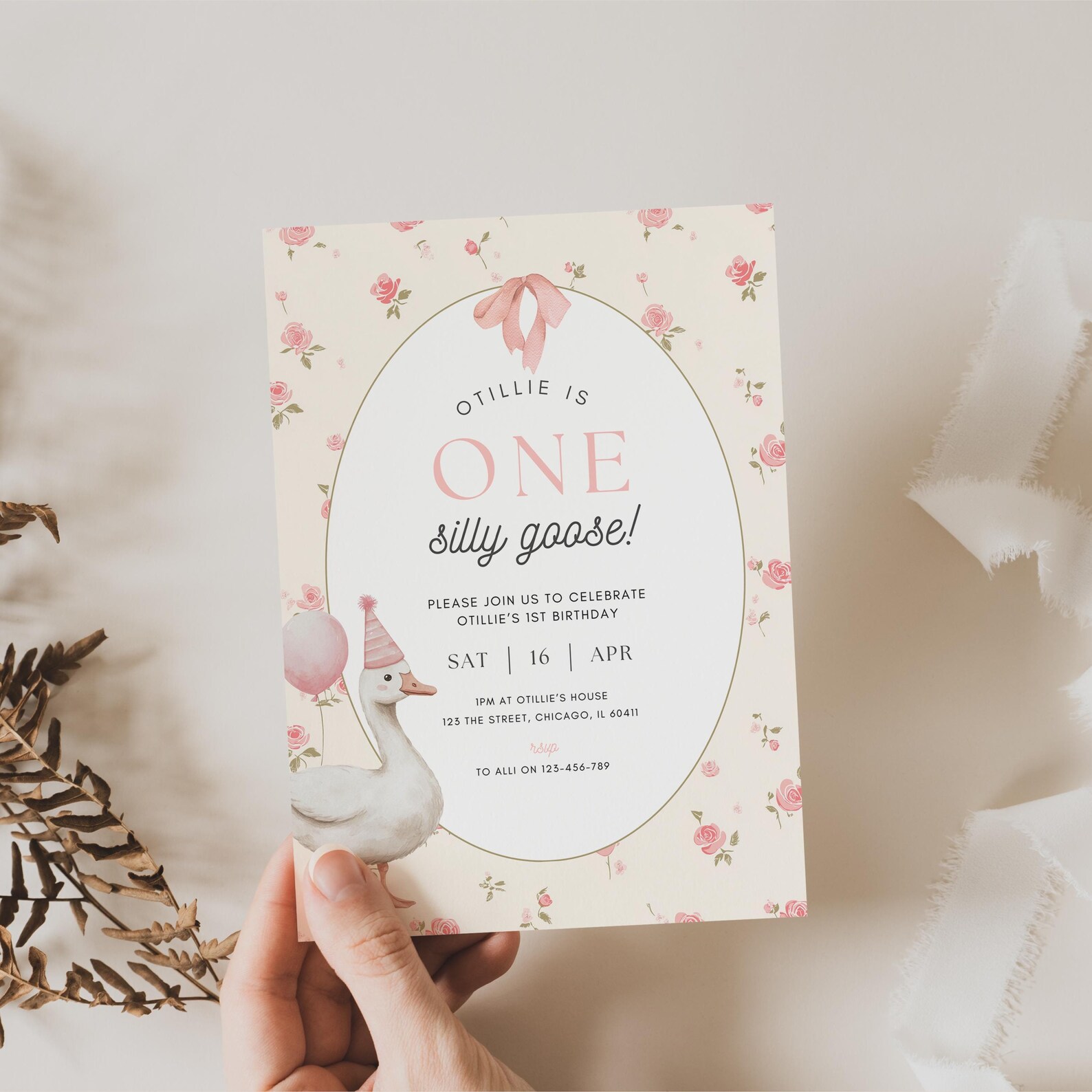 One Silly Goose Birthday Invitation Template, Editable Girl 1st ...