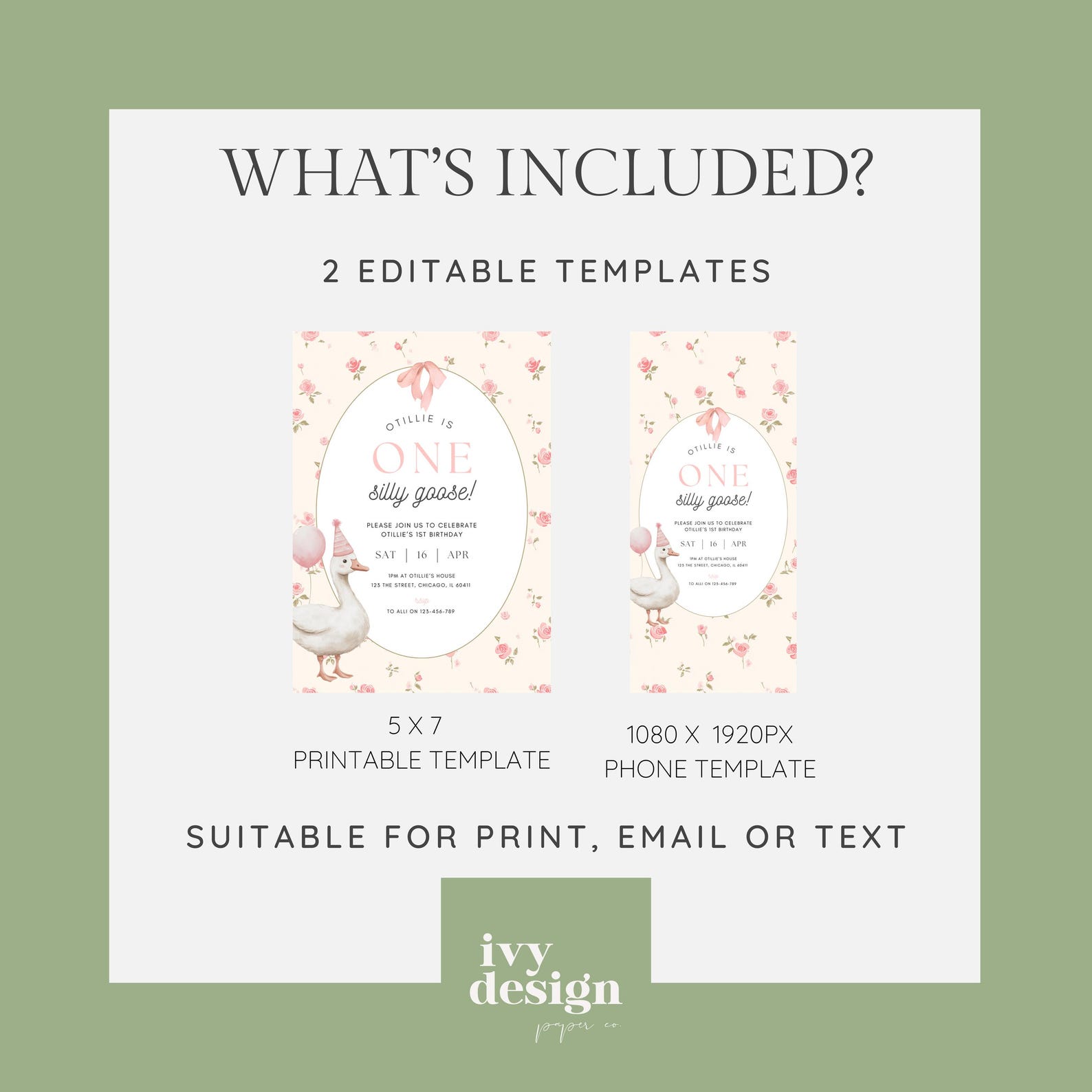 One Silly Goose Birthday Invitation Template, Editable Girl 1st ...