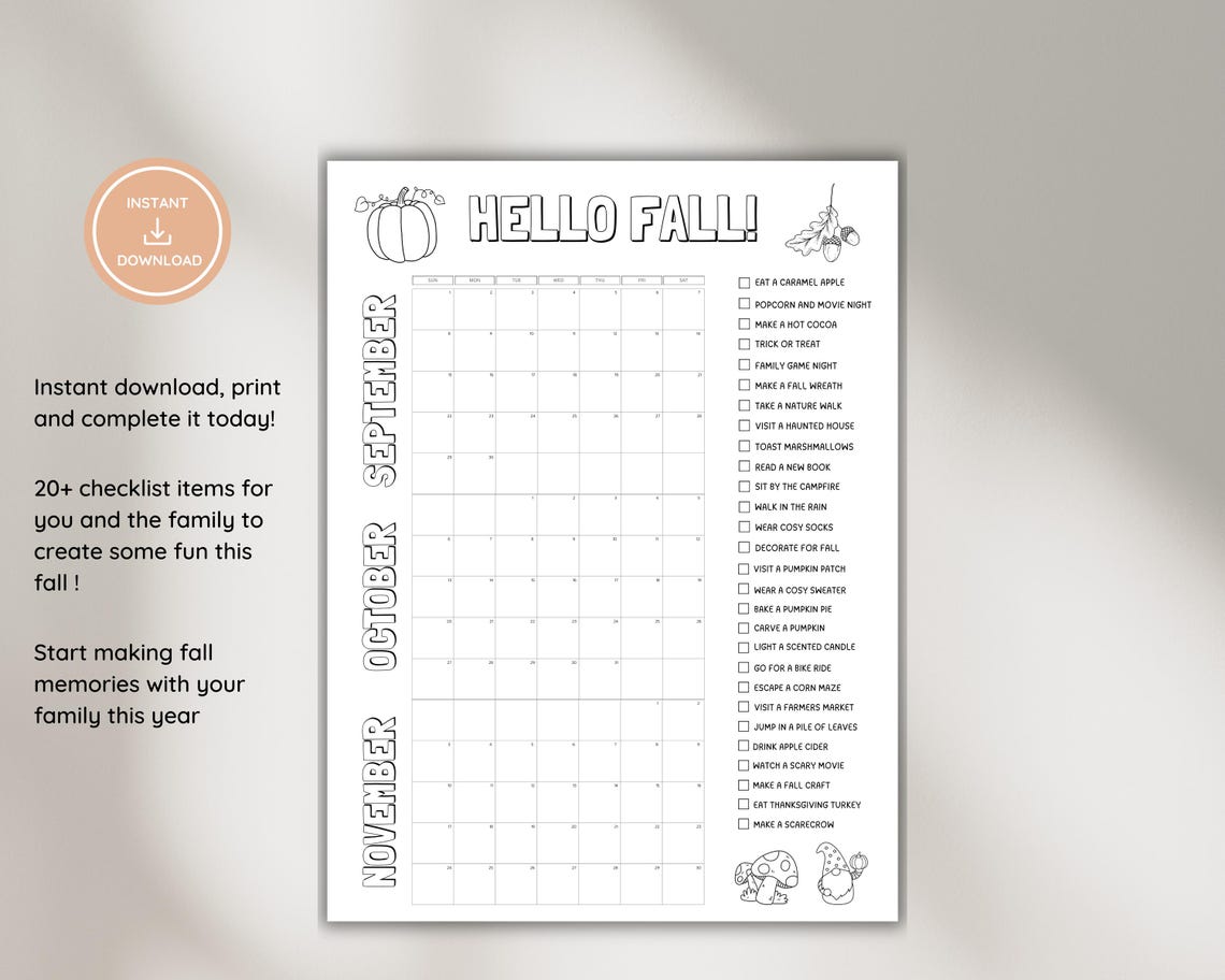 Printable Fall Calendar Poster, Fall Bucket List Poster, Fall ...