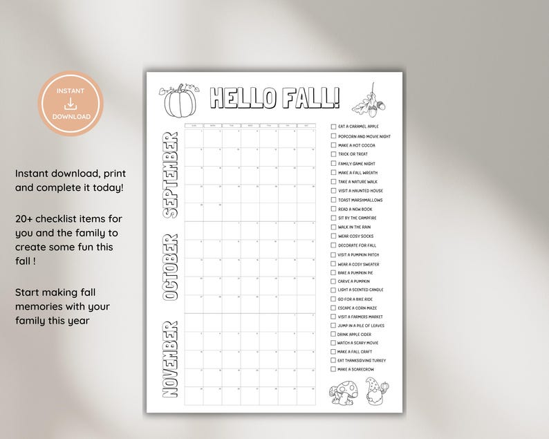 Printable Fall Calendar Poster, Fall Bucket List Poster, Fall ...