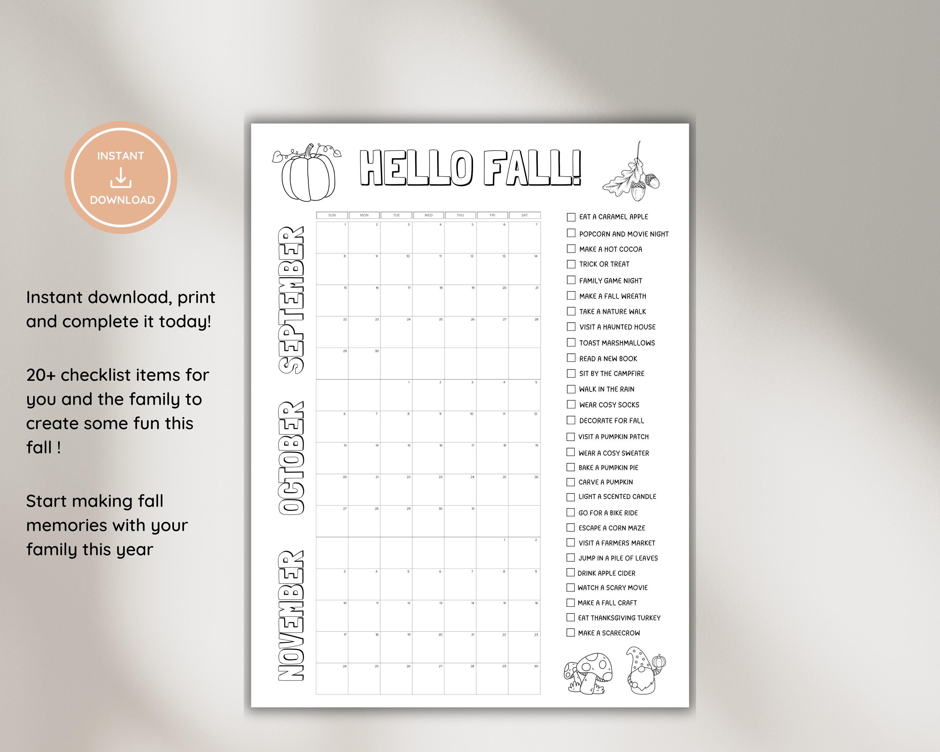 Printable Fall Calendar Poster, Fall Bucket List Poster, Fall ...