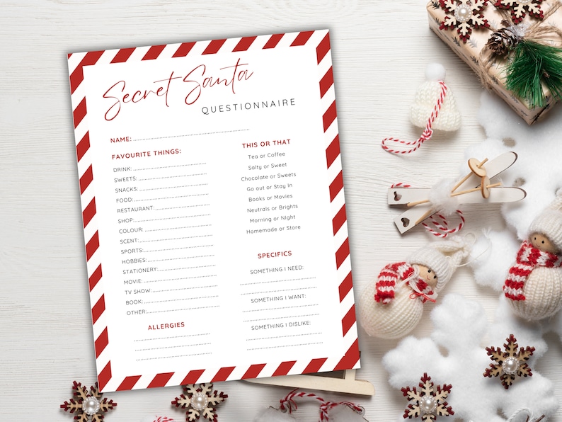 Office Gift Exchange Survey Form, Secret Santa Questionnaire for ...