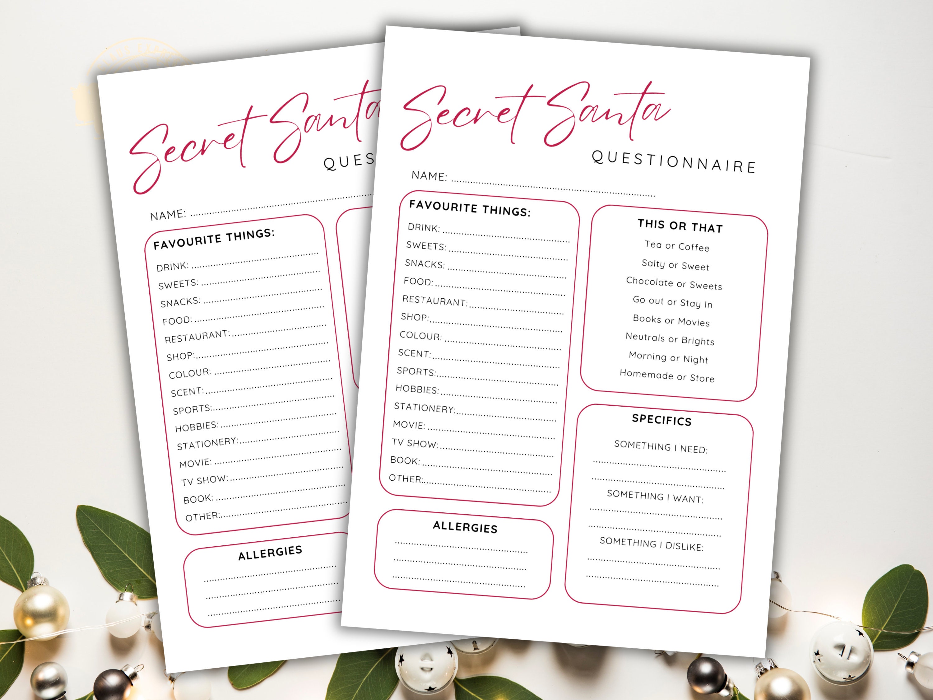 Printable Secret Santa Gift Exchange Questionnaire, Office Gift ...