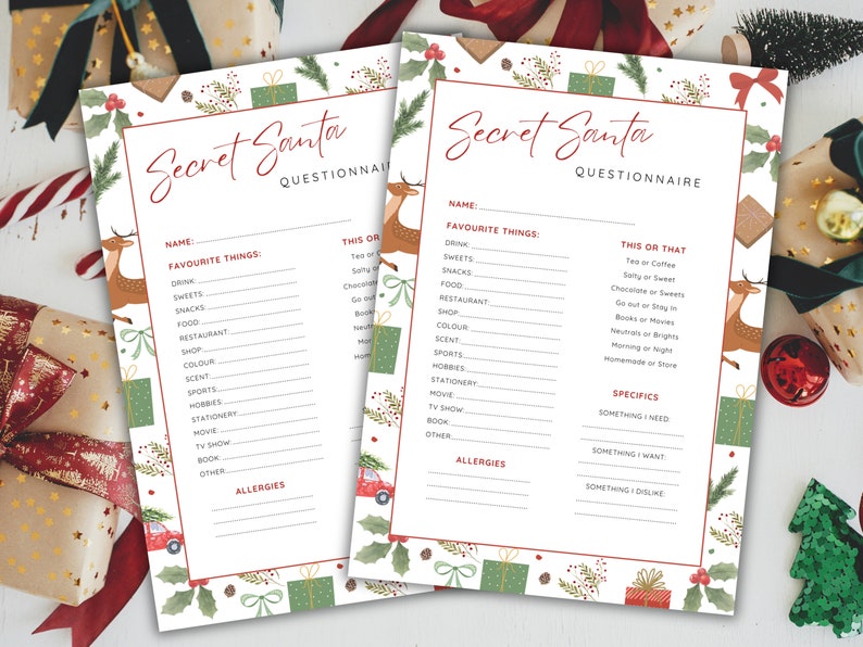 Printable Secret Santa Gift Exchange Questionnaire, Office Gift ...