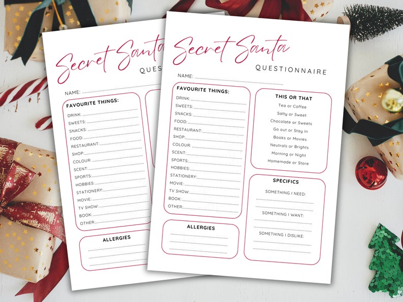 Printable Secret Santa Gift Exchange Questionnaire, Office Gift ...