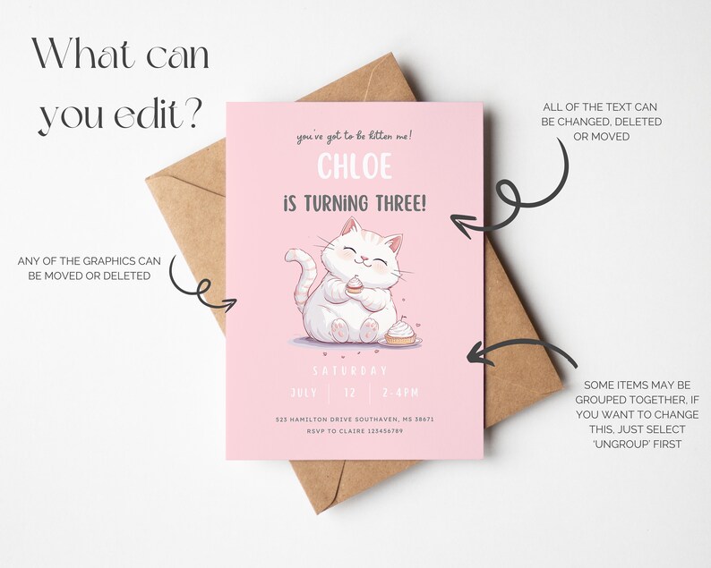 Editable Cat Birthday Invitation, Cat Theme Birthday Invitation, You've ...