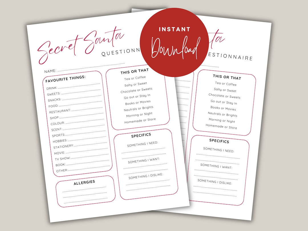 Printable Secret Santa Gift Exchange Questionnaire, Office Gift ...