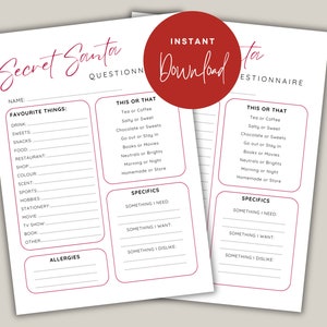 Printable Secret Santa Gift Exchange Questionnaire, Office Gift ...