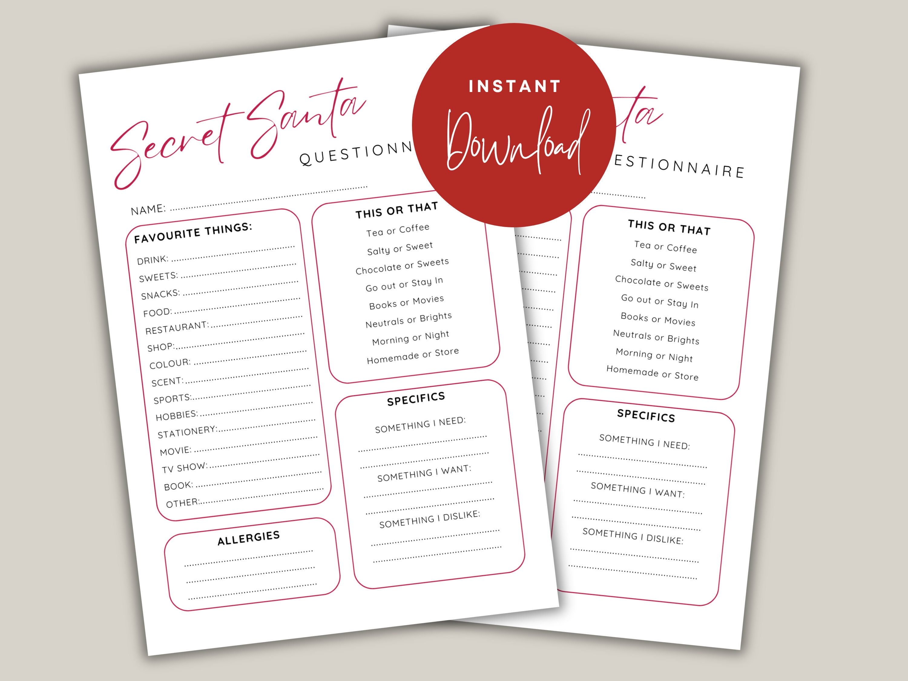 Printable Secret Santa Gift Exchange Questionnaire, Office Gift ...