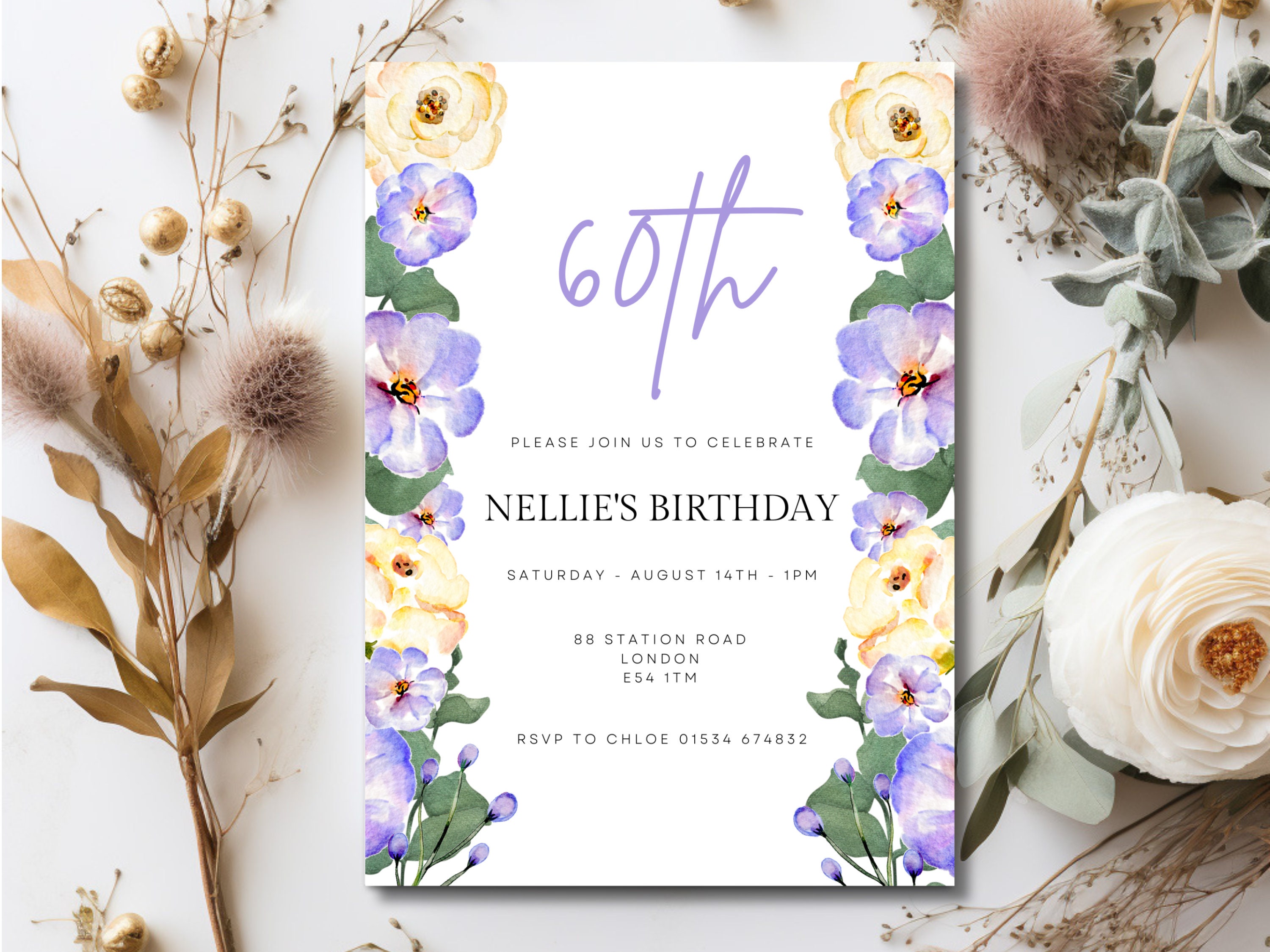 60th Floral Birthday Invite, Instant Download, 60th Birthday Card ...