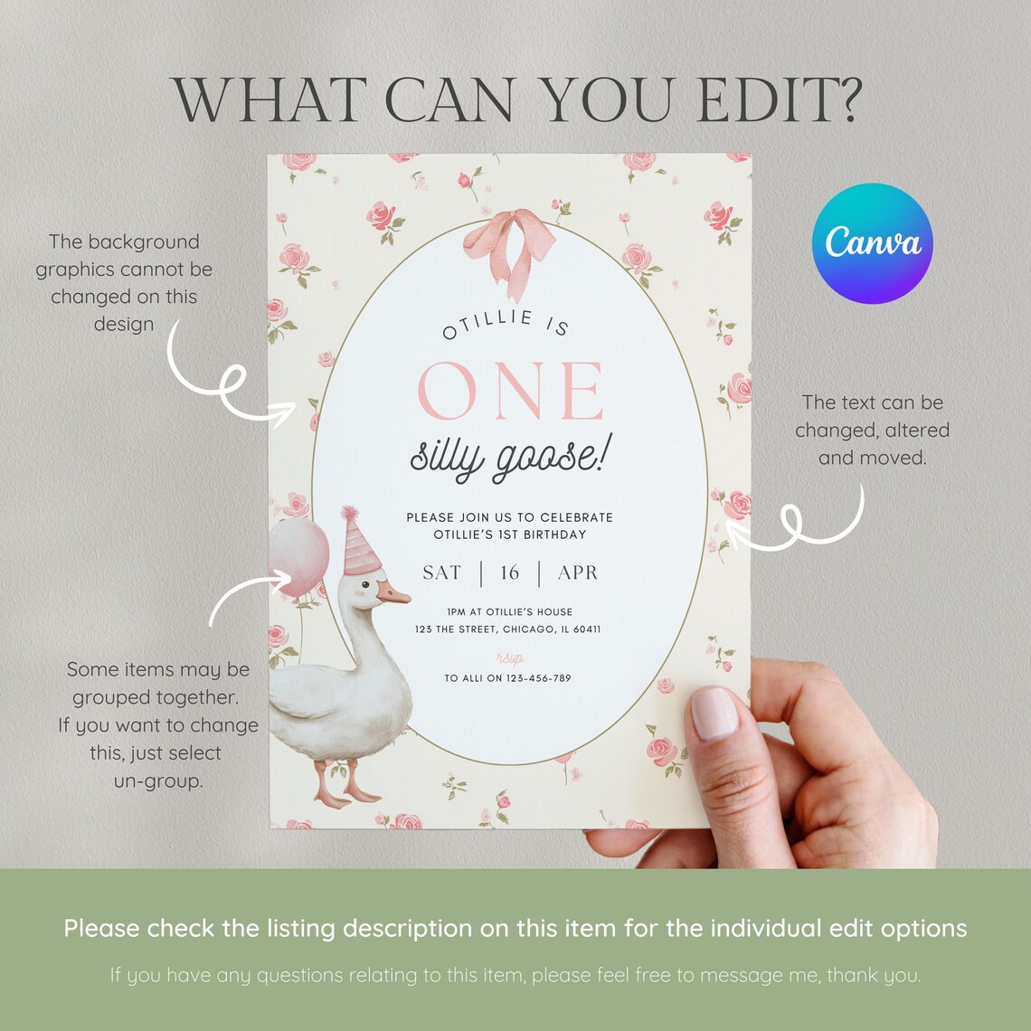 One Silly Goose Birthday Invitation Template, Editable Girl 1st ...
