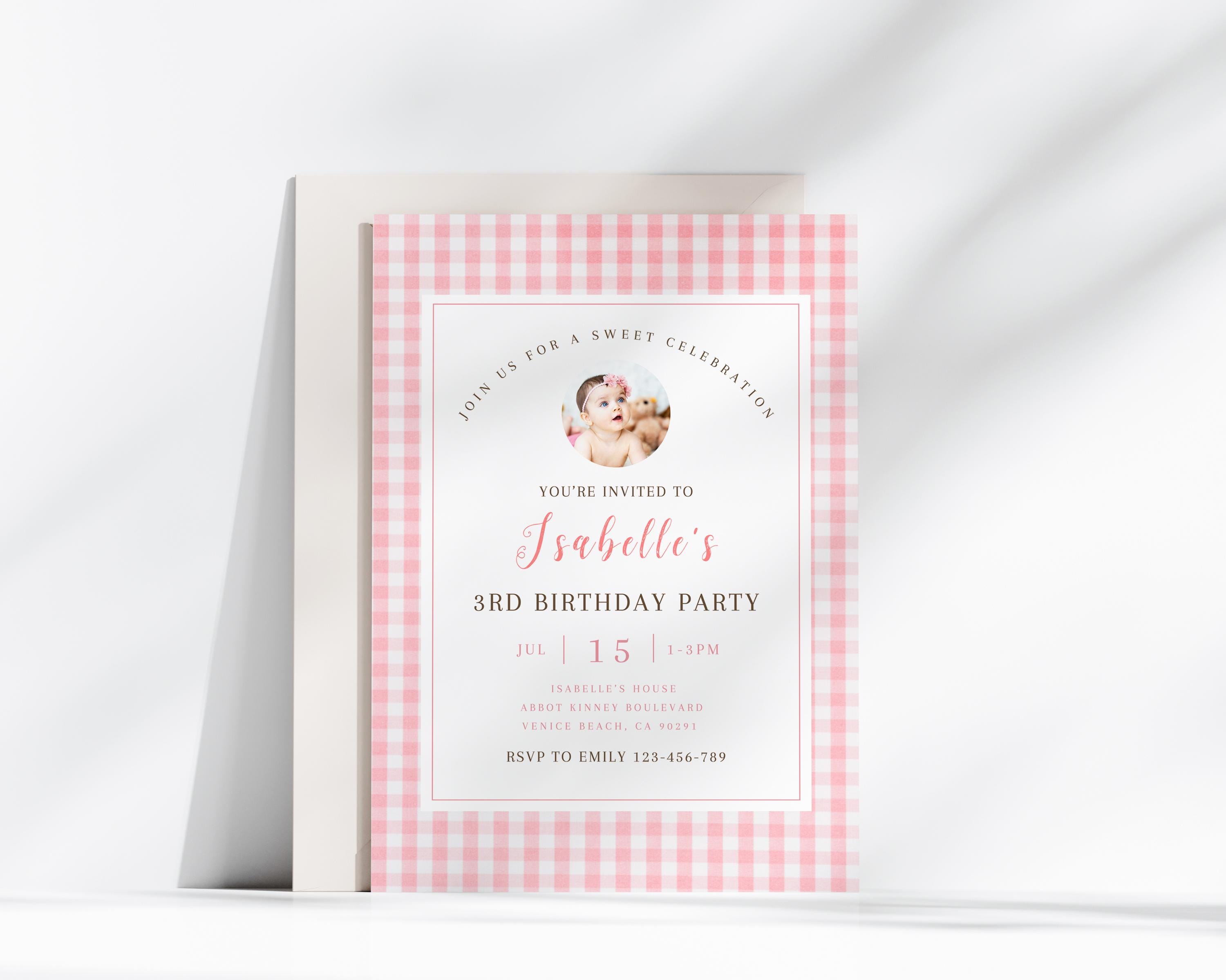 Pink Gingham Birthday Invitation With Photo, Pink Gingham Digital E ...