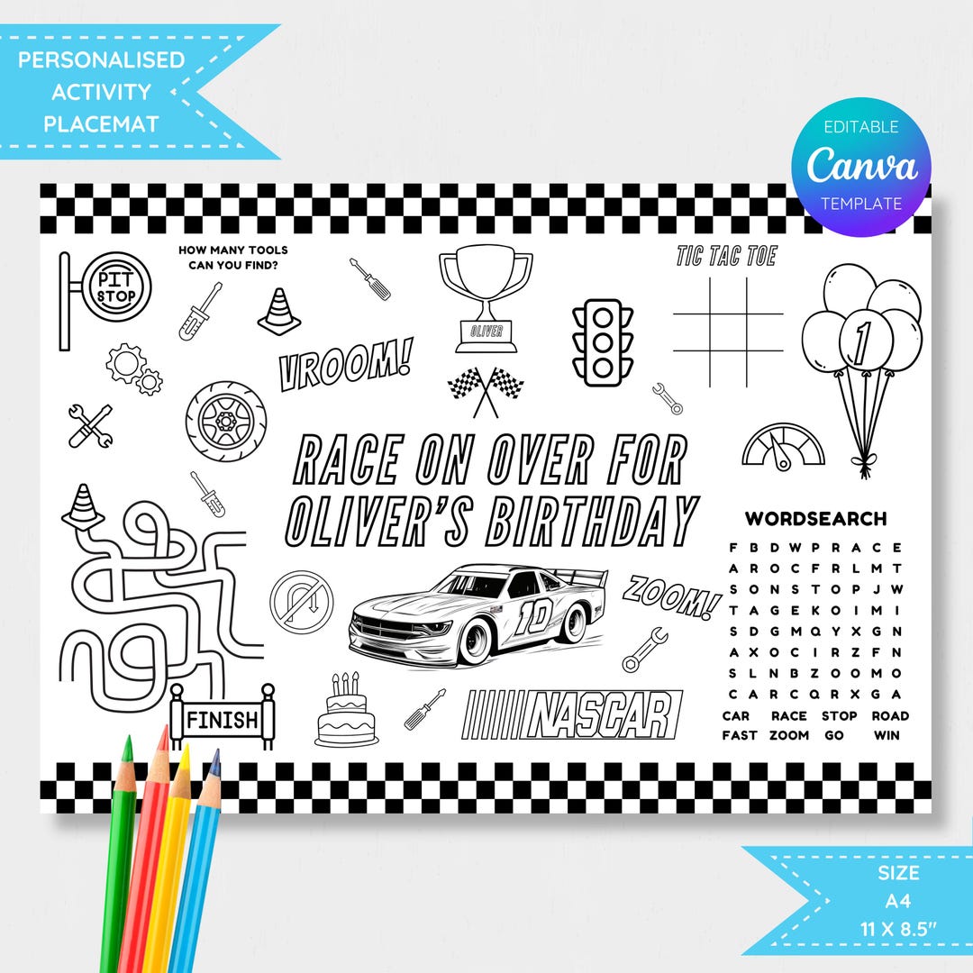Editable Race Car Activity & Coloring Page, Two Fast Racing Party ...