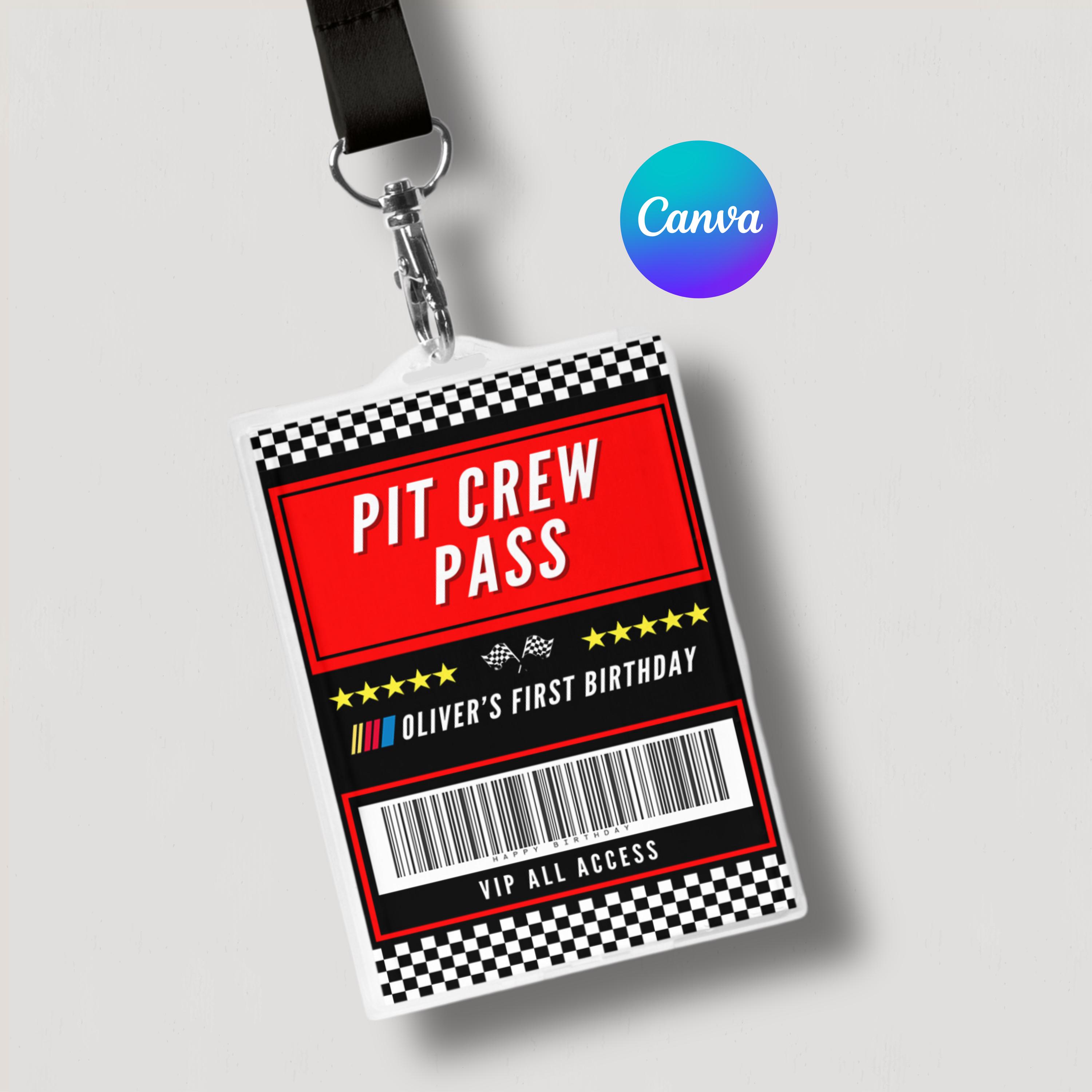 Pit Crew Badge, VIP All Access Pass, Talladega Birthday, Nascar Party ...